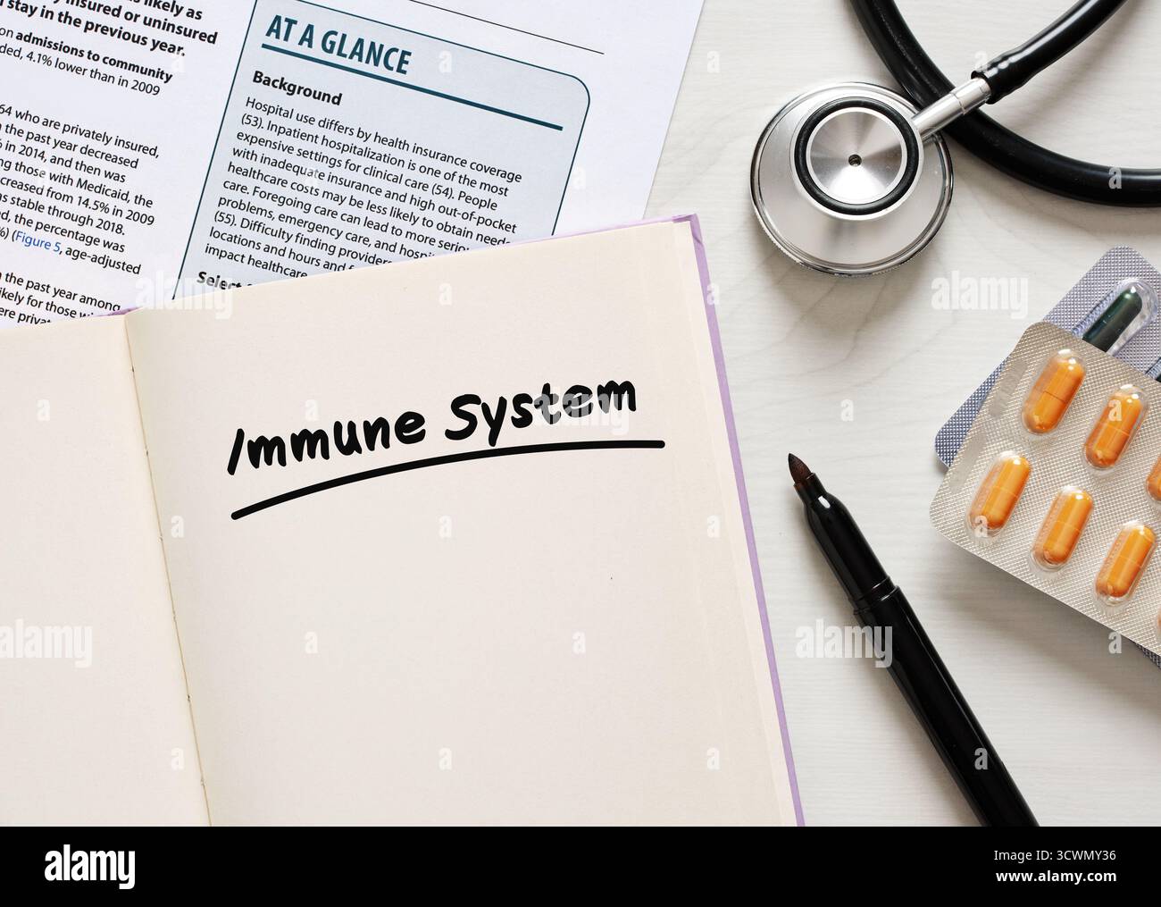 Notebook highlighting immune system surrounded by medical documents ...