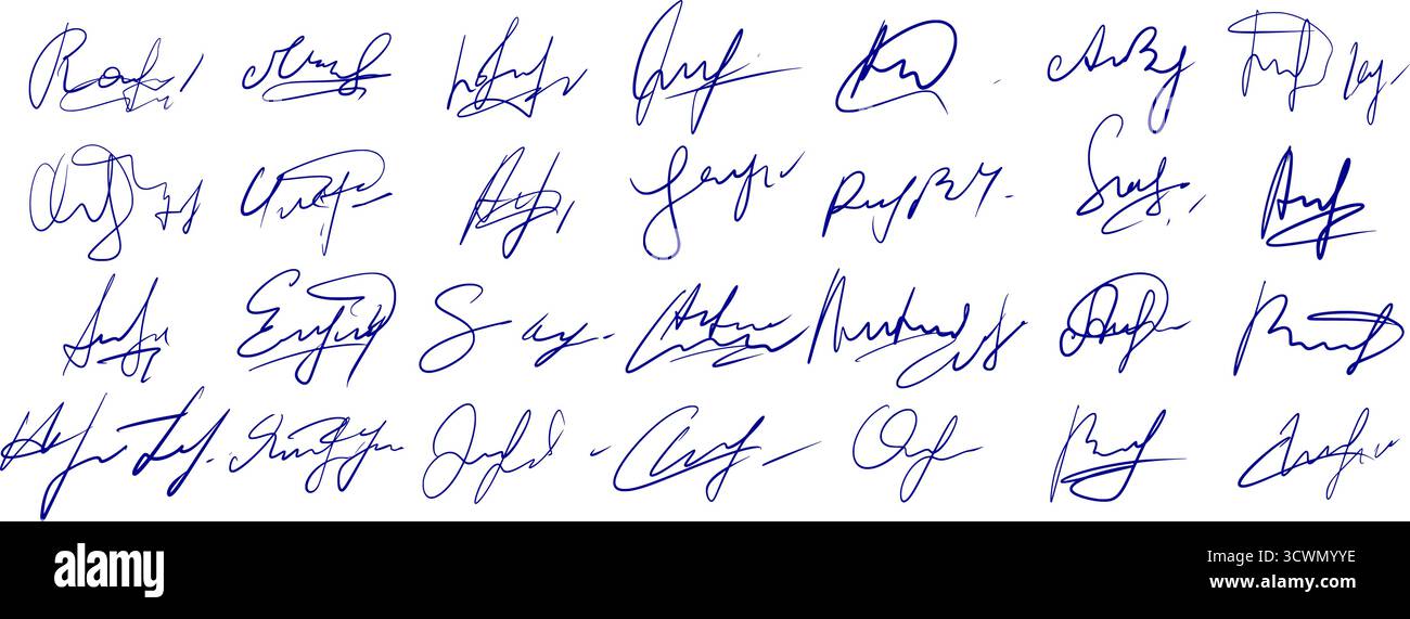 Hand drawn fake signatures. Set of various blue ink scrawls for ...