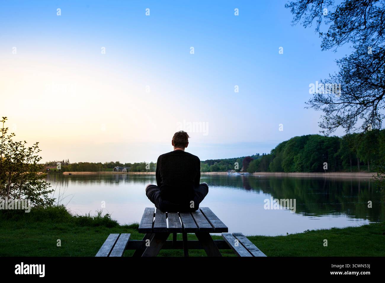 Man meditating on bench at blue hour looking out over calm lake with ...