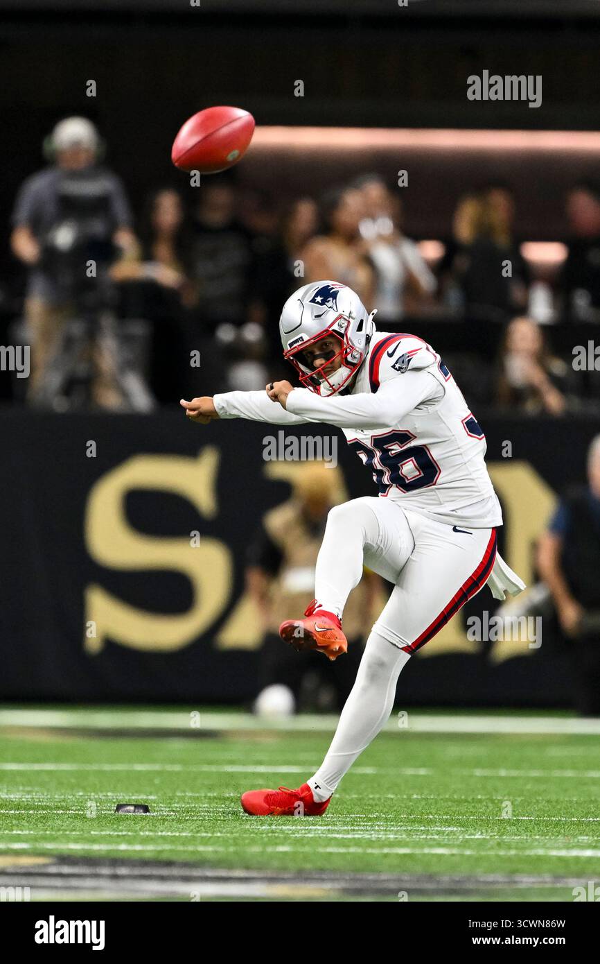 New England Patriots kicker Andy Borregales (36) kicks the ball in the ...