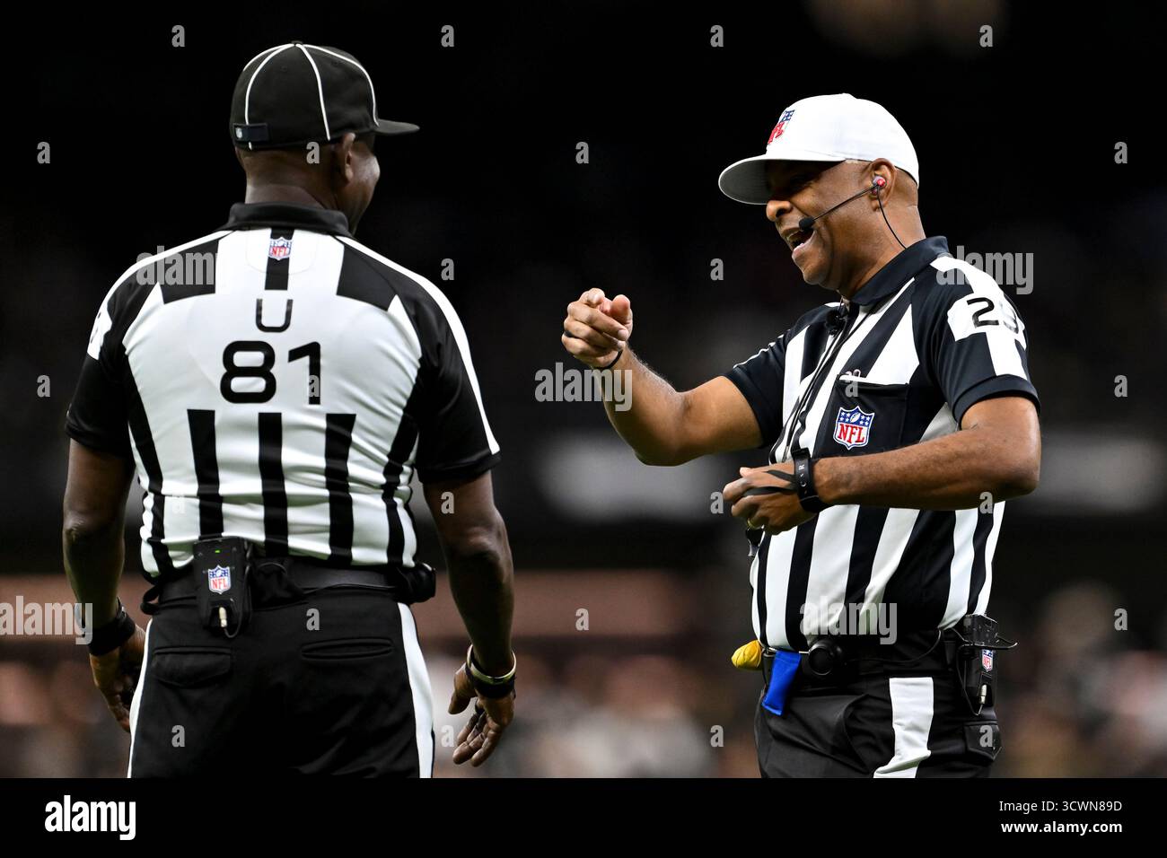 Referee Adrian Hill (29) and Roy Ellison (81) stand of the field in the ...