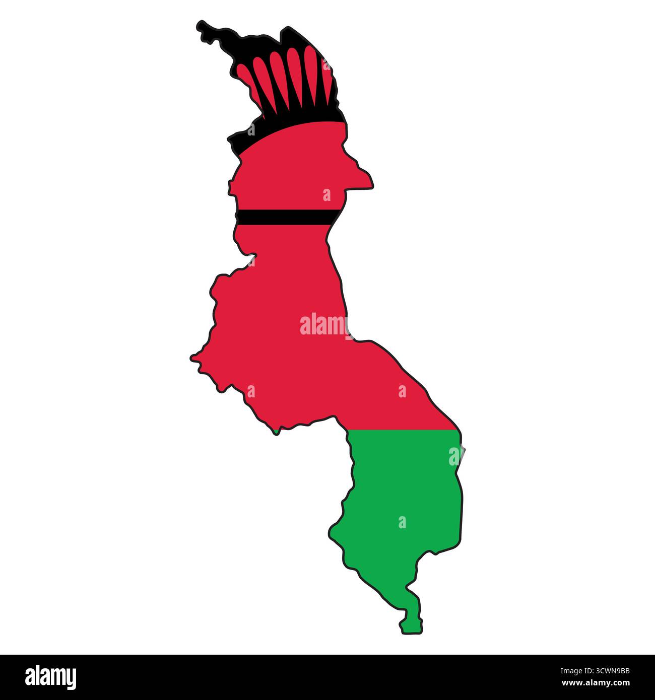 Malawi Map with National Flag Colors and Rising Sun Emblem Stock Vector ...