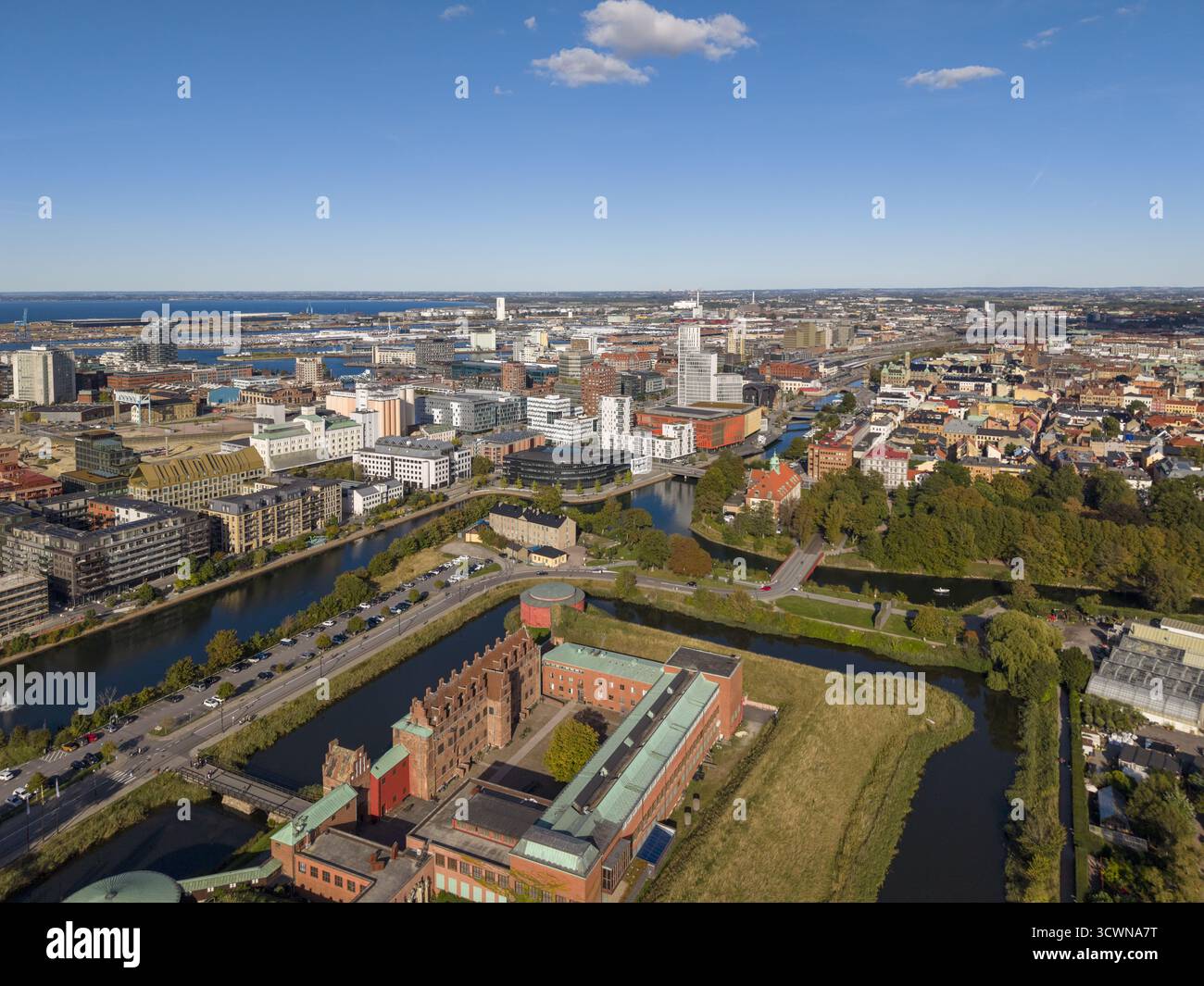 Aerial view of the Malmöhus Castle with its red brick walls and green ...
