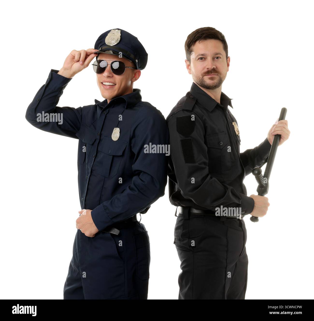 Policemen in uniform with baton on white background Stock Photo - Alamy