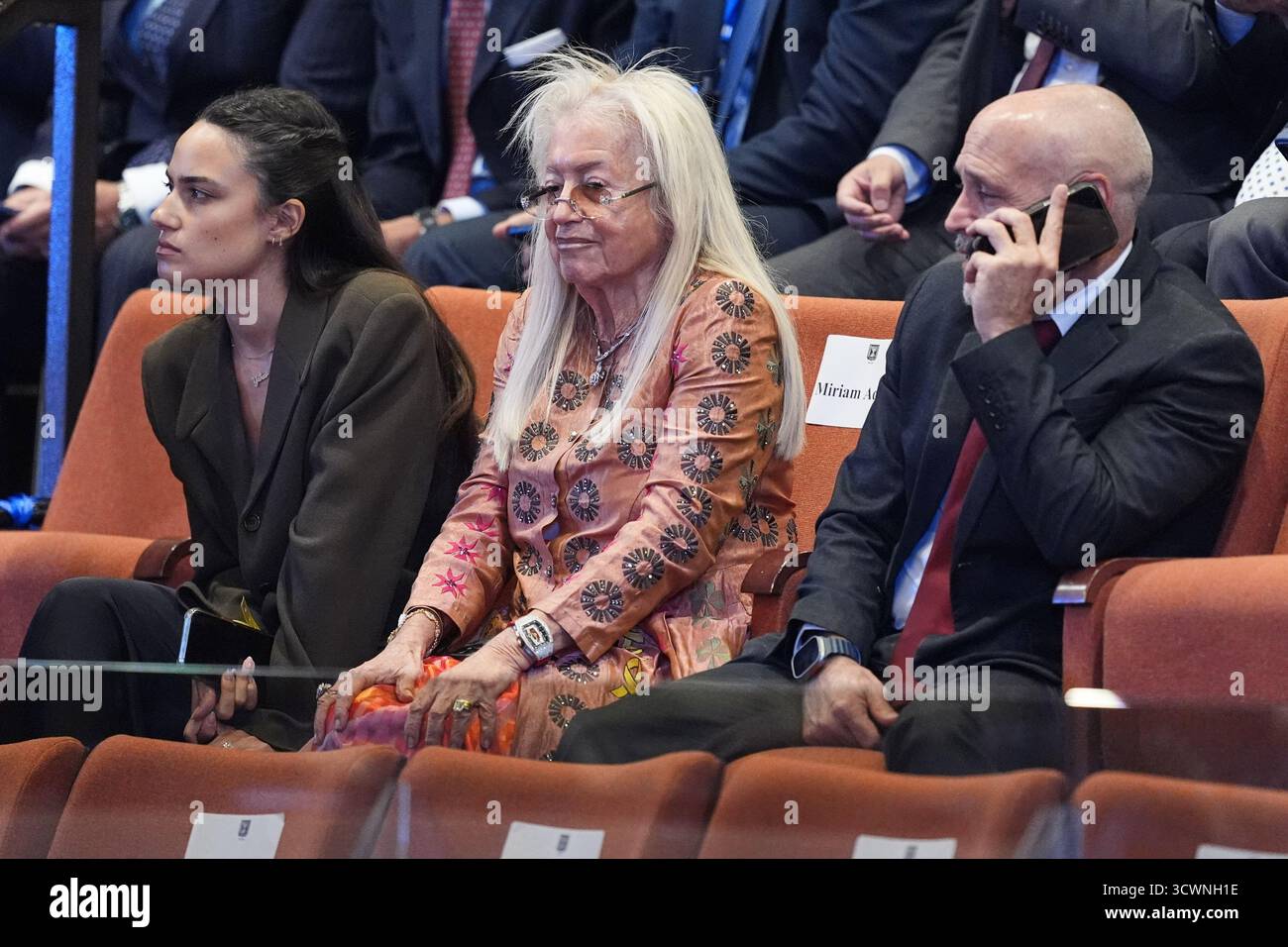 Miriam Adelson, center, arrives before President Donald Trump speaks to the Knesset, Israel's ...
