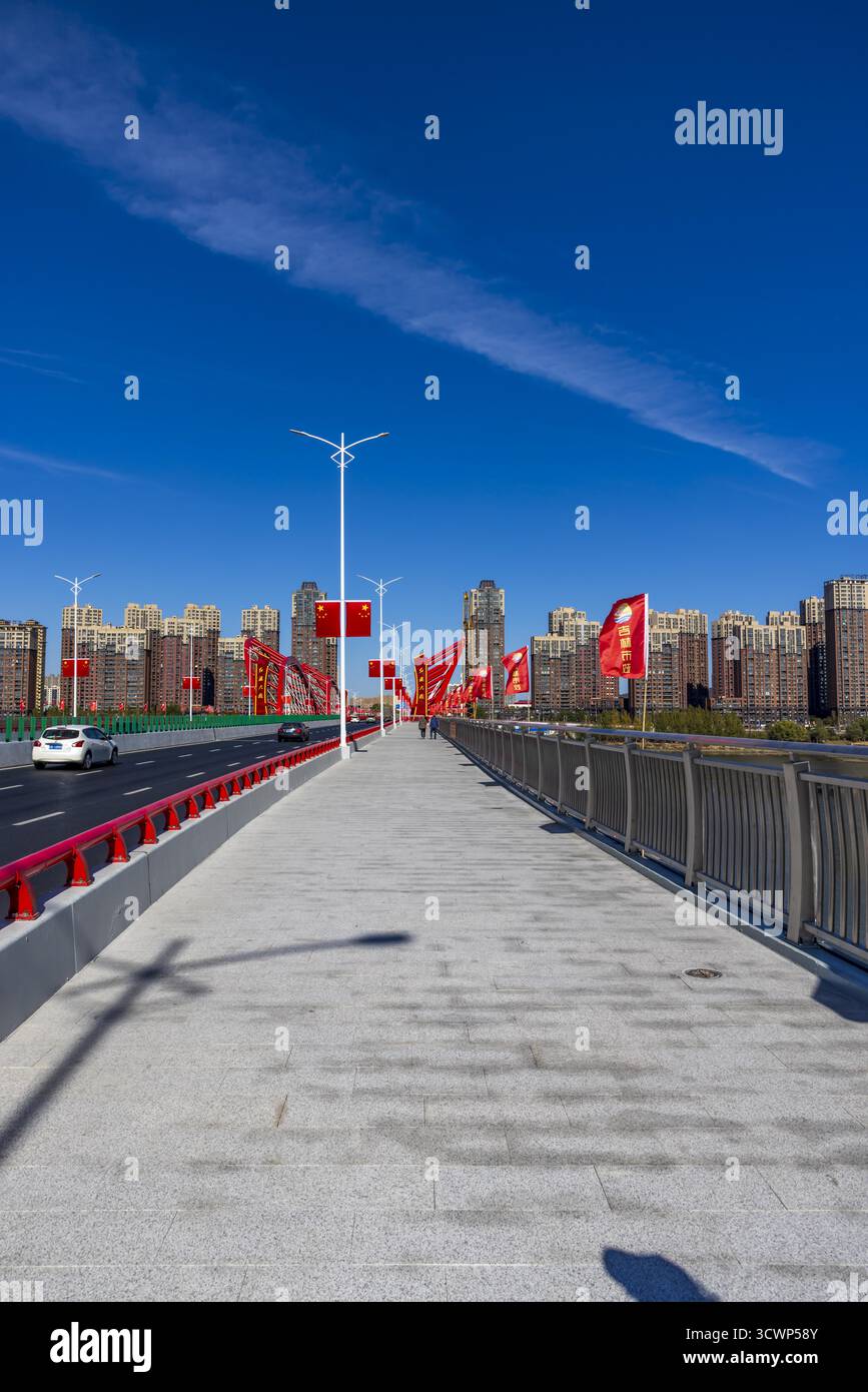 Aerial photo shows the Hongqi Bridge over the Songhua River in Jilin ...