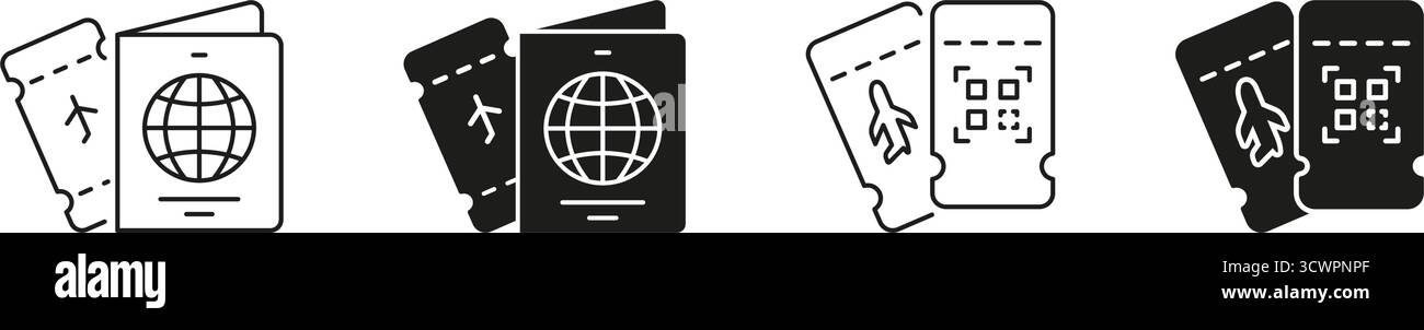 Passport And Boarding Pass Icon Set. Travel Documentation And Flight ...