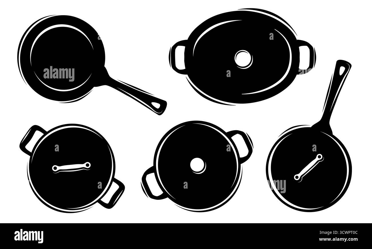 Pan pot cookware silhouettes set vector illustration with saute pan ...