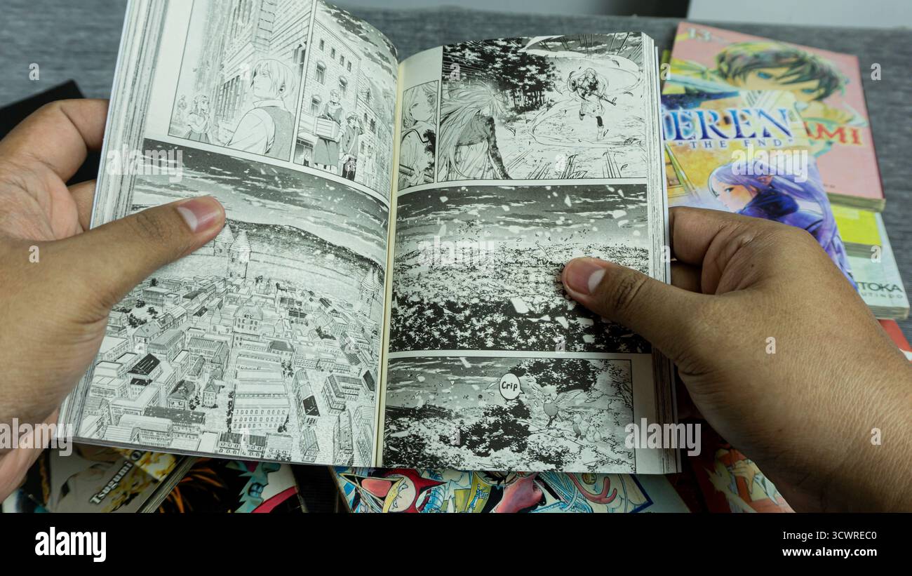 South Kalimantan, Indonesia - 05 17 2025 :Frieren manga opened and held ...