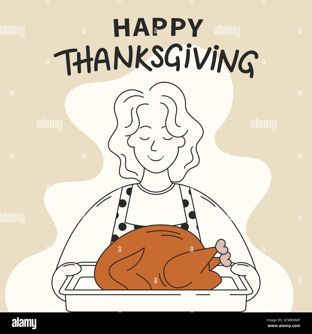 Happy Thanksgiving. Woman Holding Roasted Turkey. Line Art Illustration ...