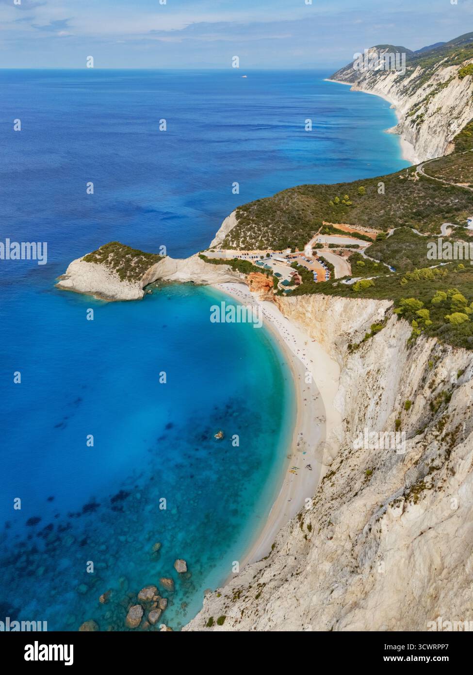 Aerial view of Porto Katsiki beach where turquoise waters meet towering ...