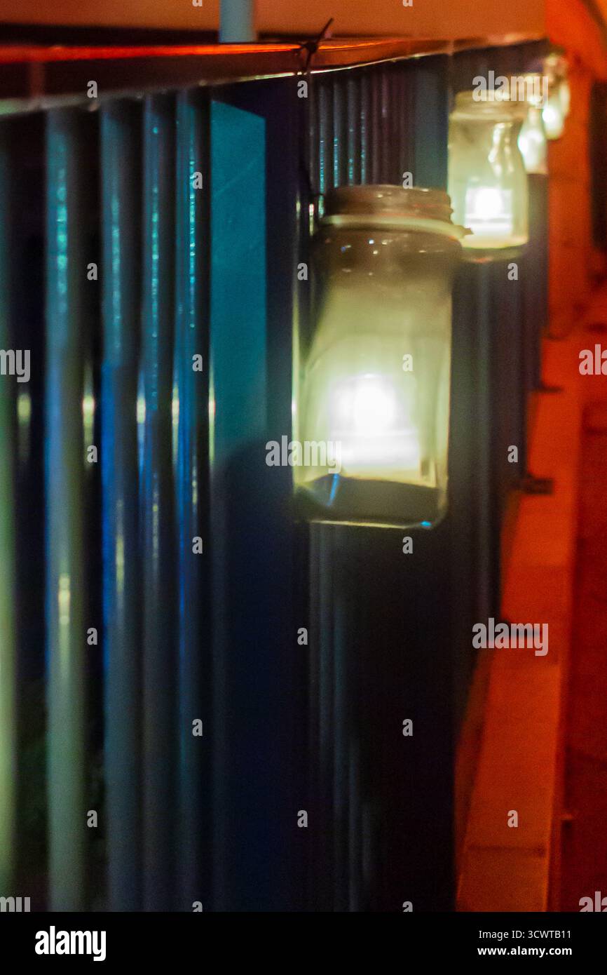 Night Train Car Interior With Glowing Lanterns Along Blue Railing ...