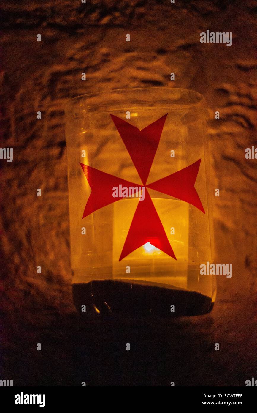 Amber Lantern With Red Maltese Cross Symbol and Candle Glow in Dim ...