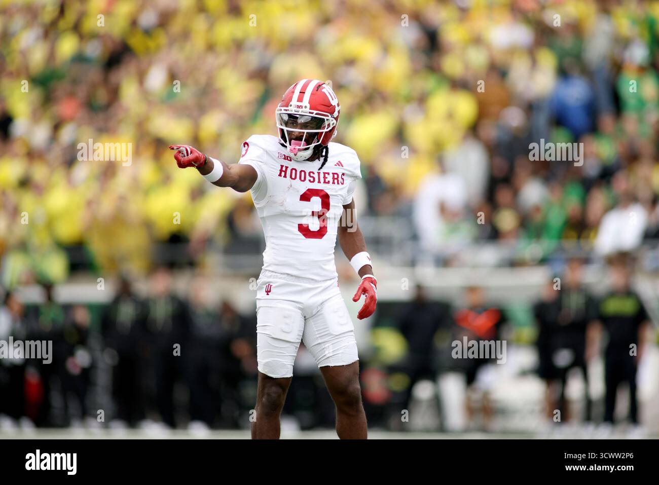 Indiana wide receiver Omar Cooper Jr. (3) gestures to the sideline ...
