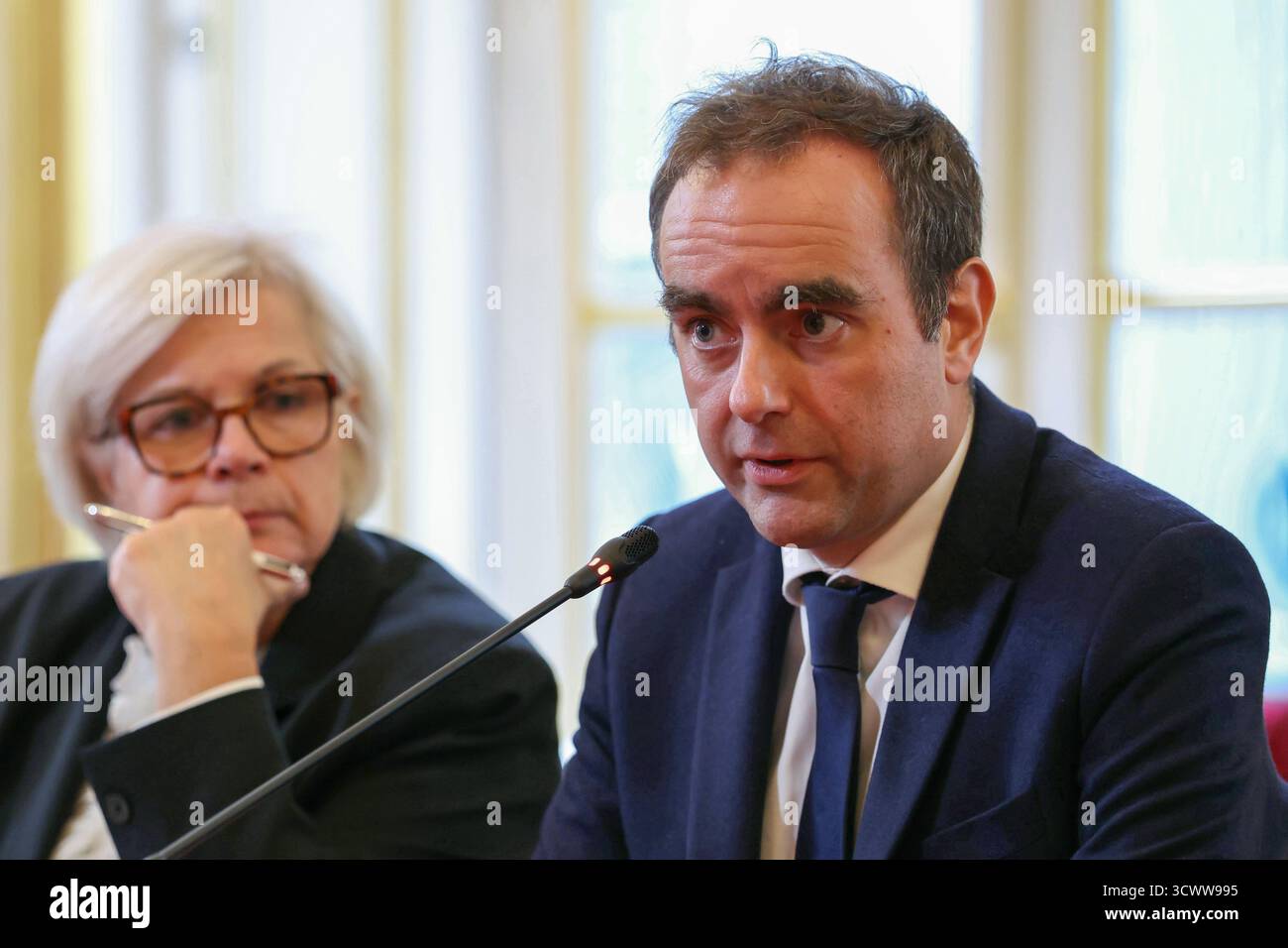 France's reappointed Prime Minister Sebastien Lecornu delivers a speech ...