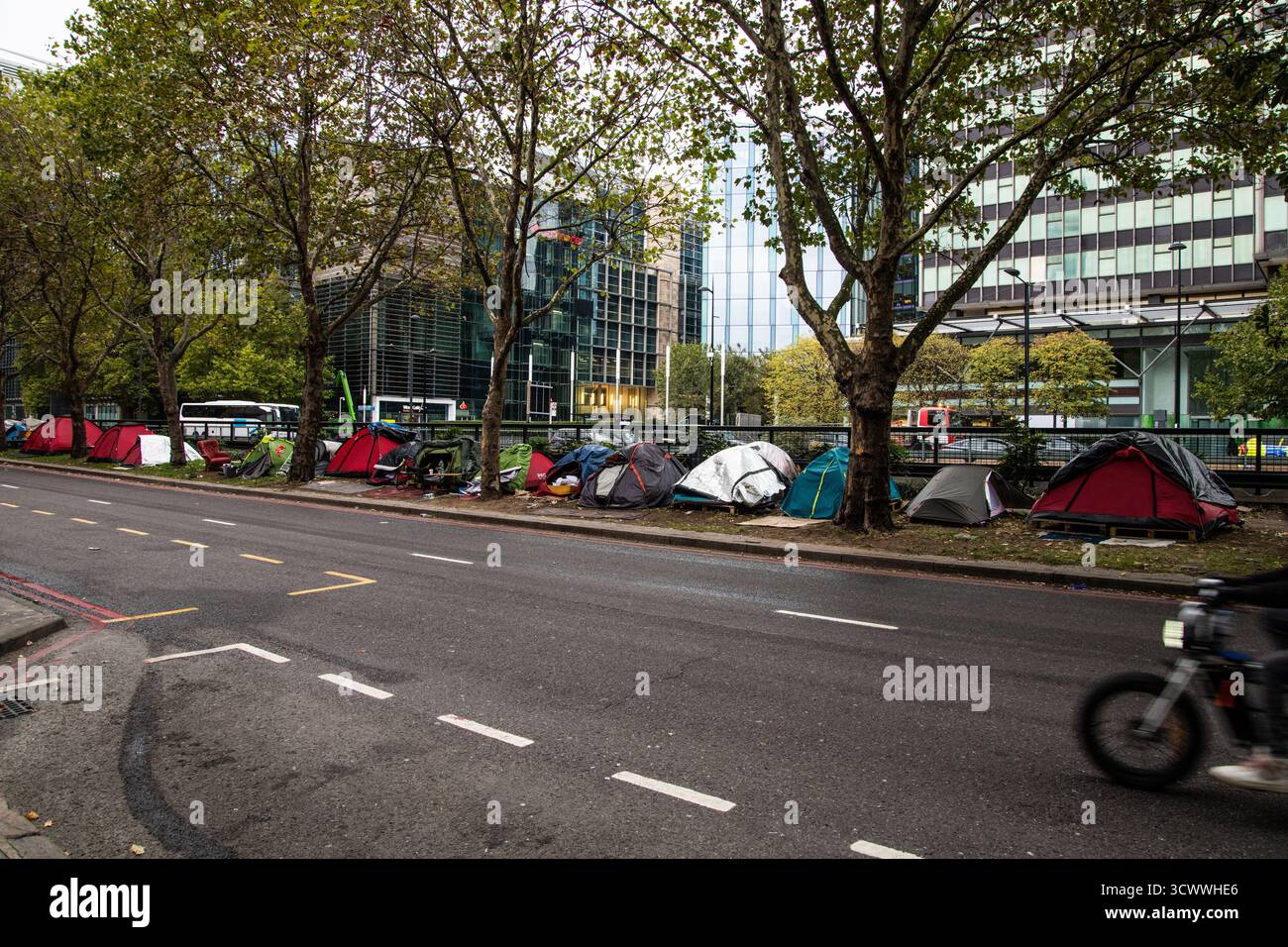 Tents of homeless people along Euston Road, London, highlighting urban ...