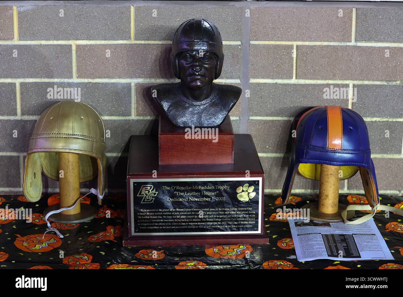 CHESTNUT HILL, MA - OCTOBER 11: General view of leather team helmets ...
