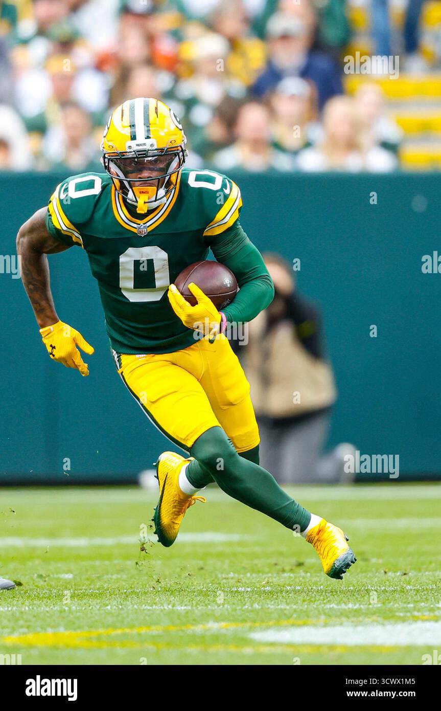 Green Bay Packers Matthew Golden (0) runs after a catch during a NFL ...