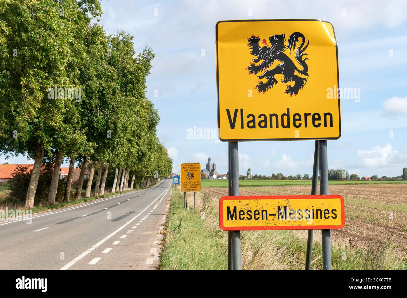 Mesen Flanders Belgium. September 2025 Road sign on the road to Mesen ...
