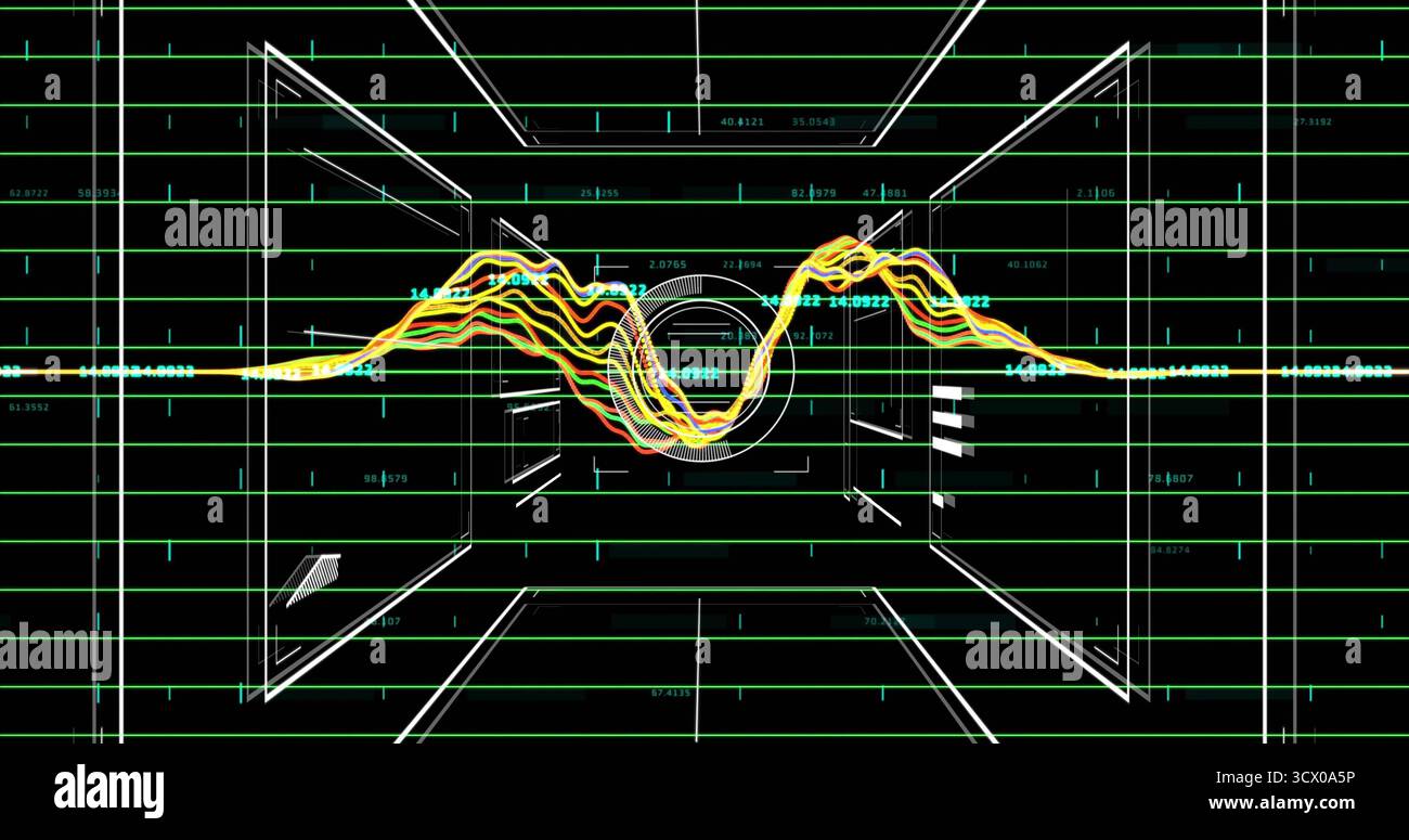 3D wireframe ring emitting colorful waveform in virtual simulation ...