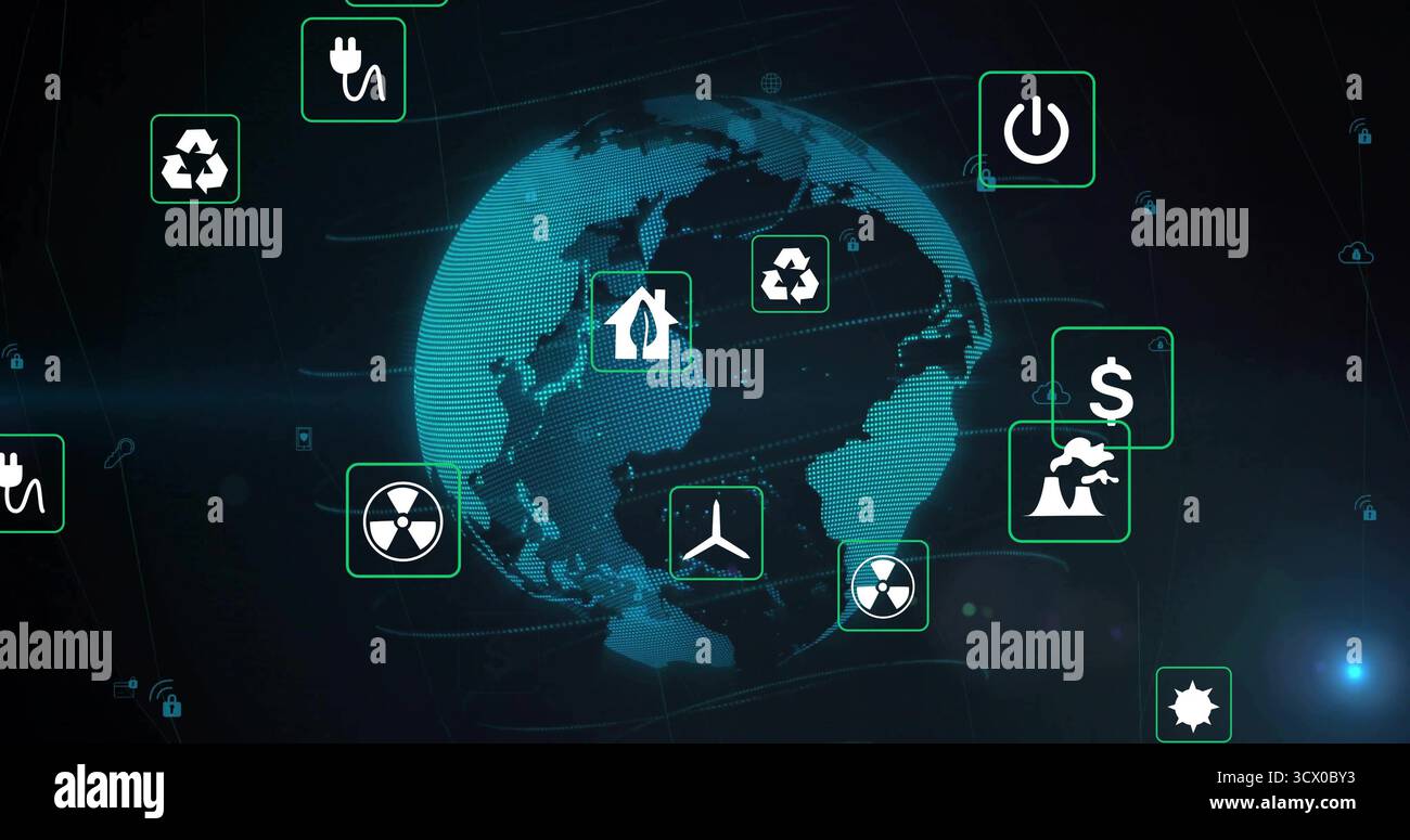 Globe floating in dark UI, with energy icons and nuclear-hazard ...