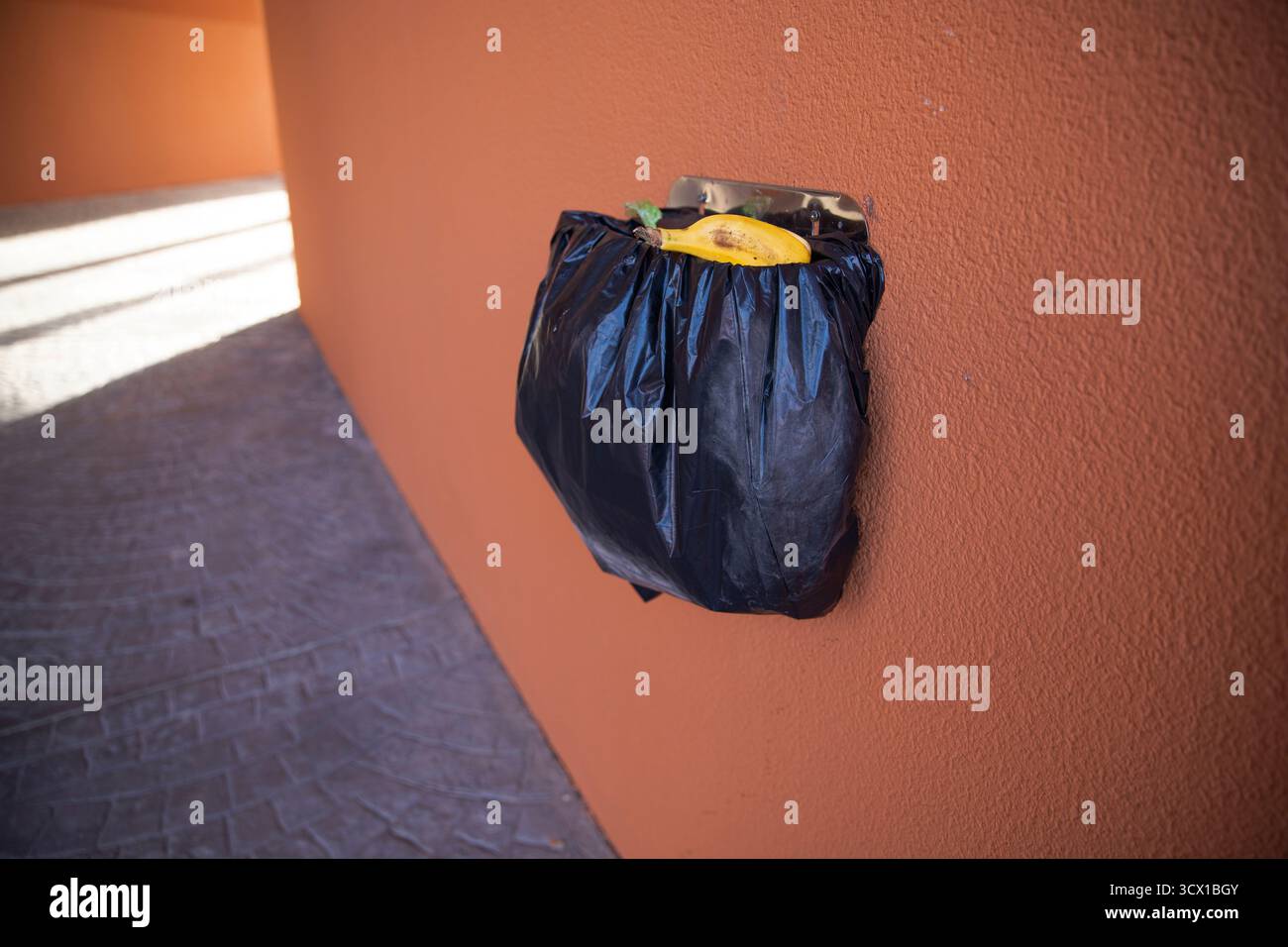 Banana peel lying in a black garbage bag attached to an orange wall ...