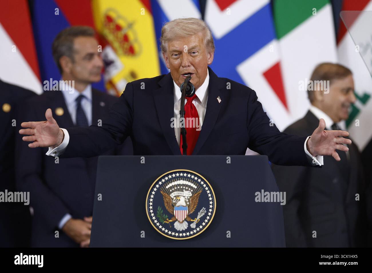 President Donald Trump delivers a speech at the Gaza International ...
