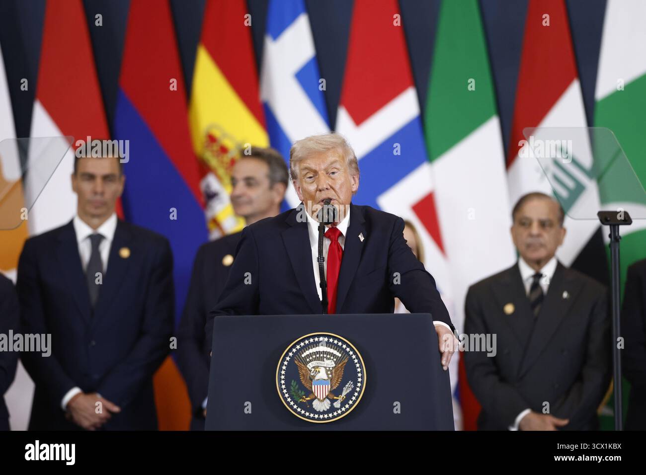 President Donald Trump delivers a speech at the Gaza International ...