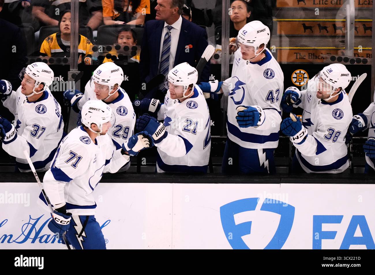 Tampa Bay Lightning center Anthony Cirelli (71) is congratulated after ...