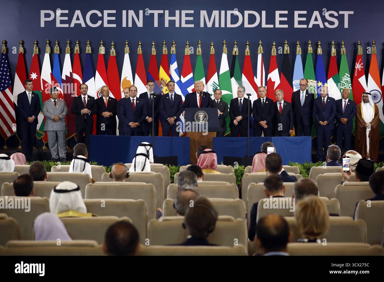 President Donald Trump delivers a speech at the Gaza Peace Summit at ...