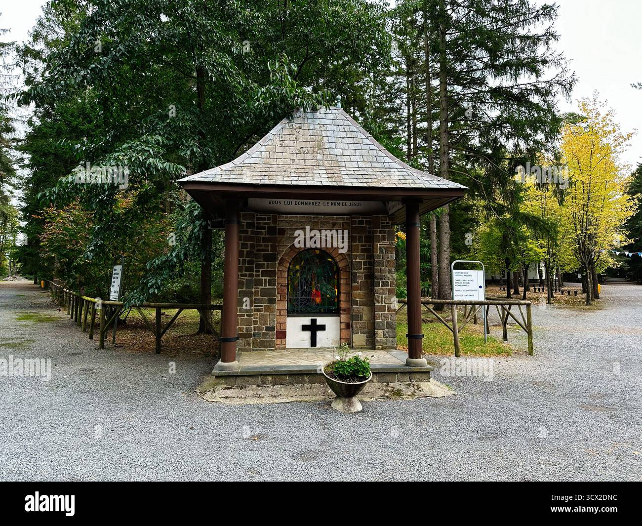 Banneux, Belgium - October 20, 2023: Quiet chapel in a Belgium park ...