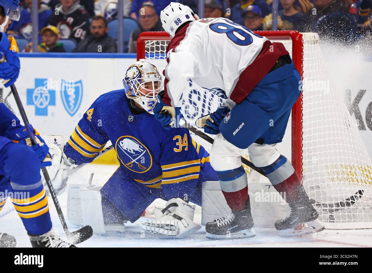 Colorado Avalanche center Martin Necas (88) is stopped by Buffalo ...