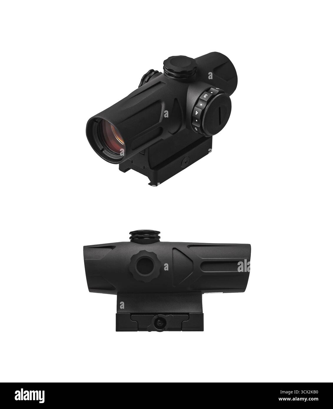 Two views of a black tactical red dot gun sight isolated on a white ...