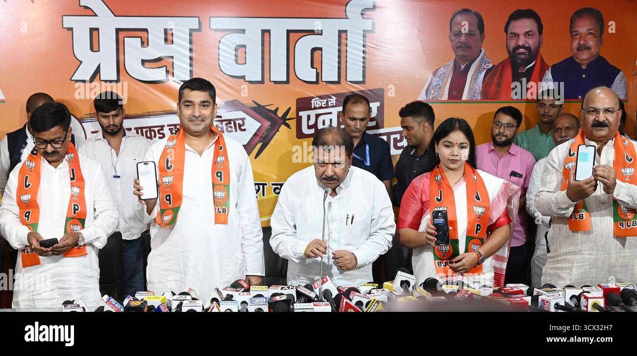PATNA, INDIA - OCTOBER 13: Bihar BJP president Dilip Jaiswal welcoming former Congress MLA ...
