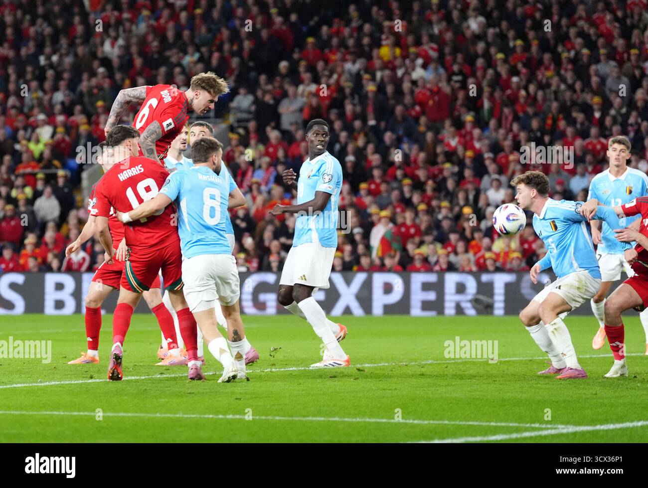 Wales' Joe Rodon scores their side's first goal of the game during the ...