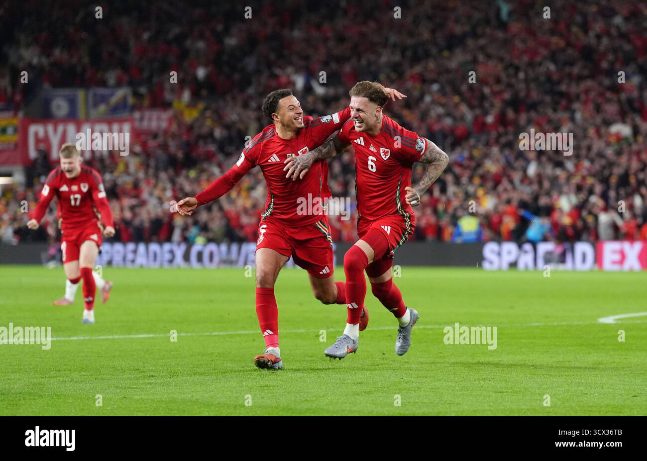 Wales' Joe Rodon celebrates scoring their side's first goal of the game ...