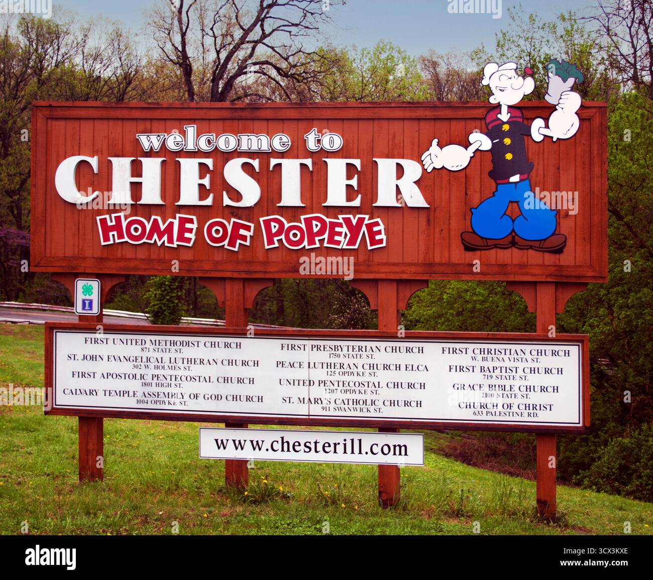 Statues and signs celebrating Popeye in Chester, Illinois, the cartoon ...