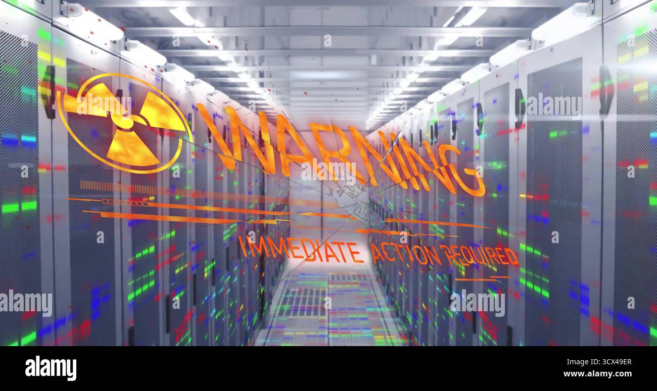 Displaying orange hologram warning overlay between server racks in ...