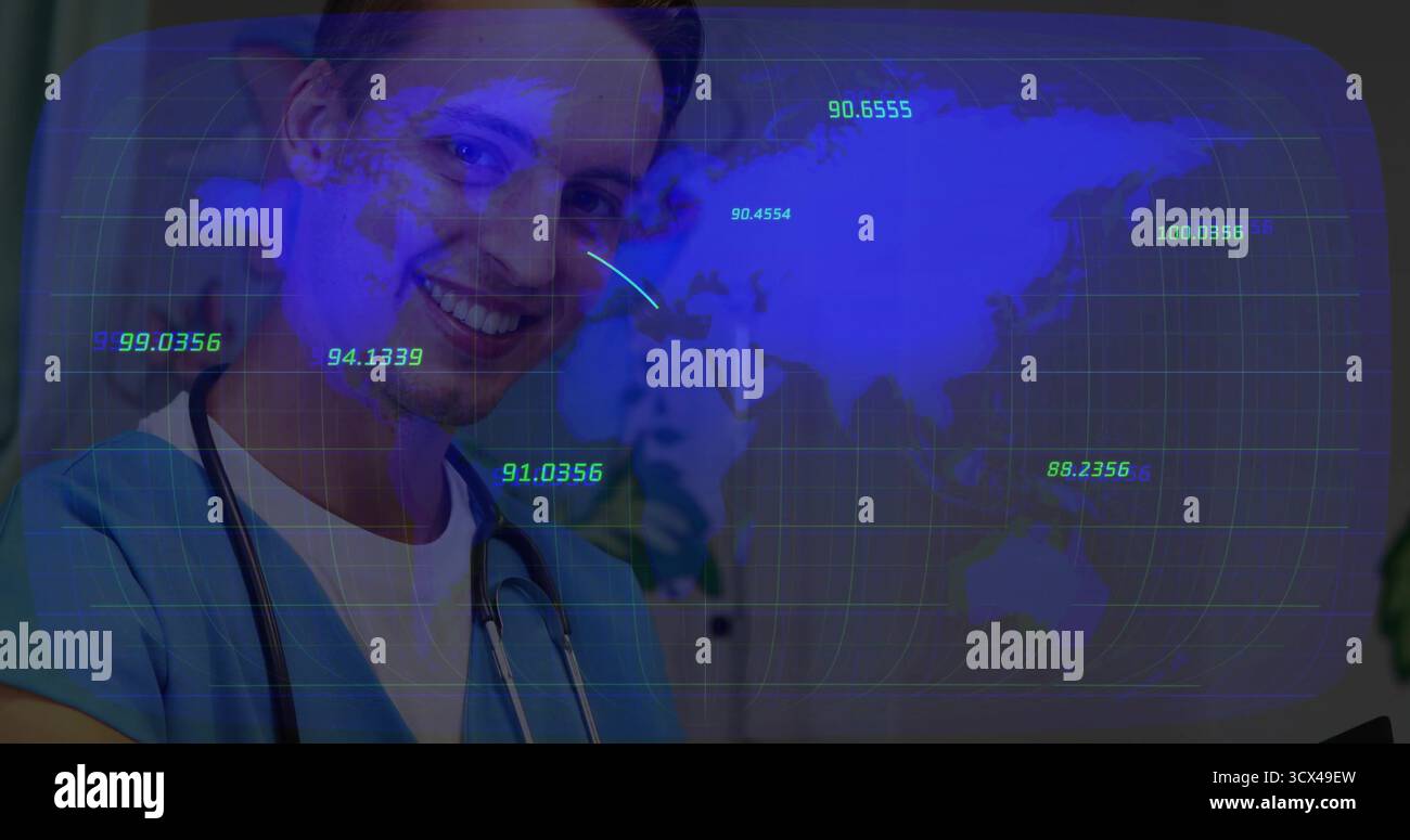 Smiling doctor wearing scrubs in clinic showing holographic world map ...