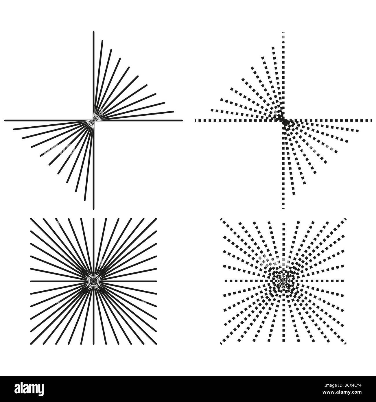 Set abstract starbursts. Geometric radial shapes. Dotted line art ...