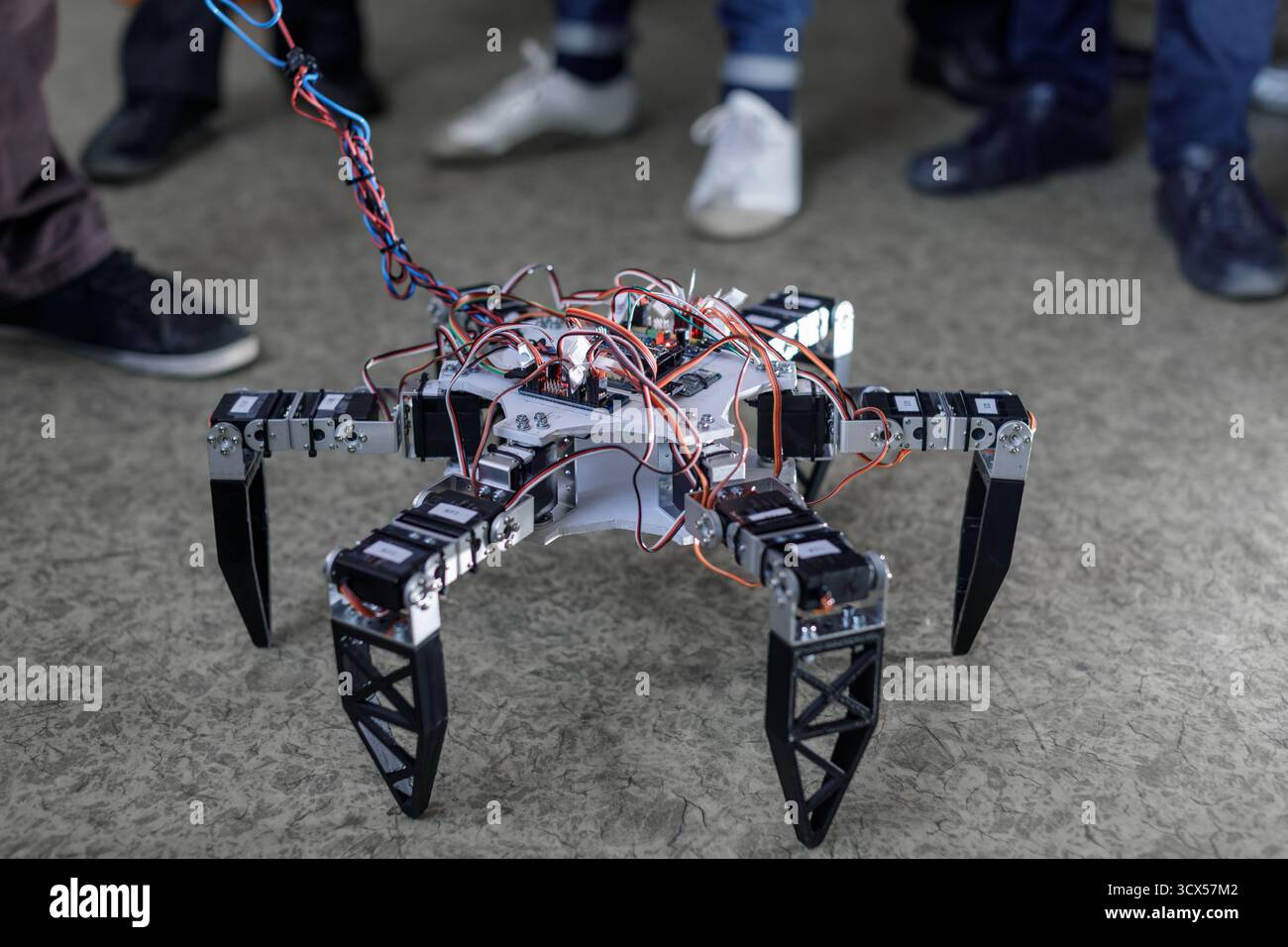 Legged robot with visible servos and wiring demonstrated by students in ...