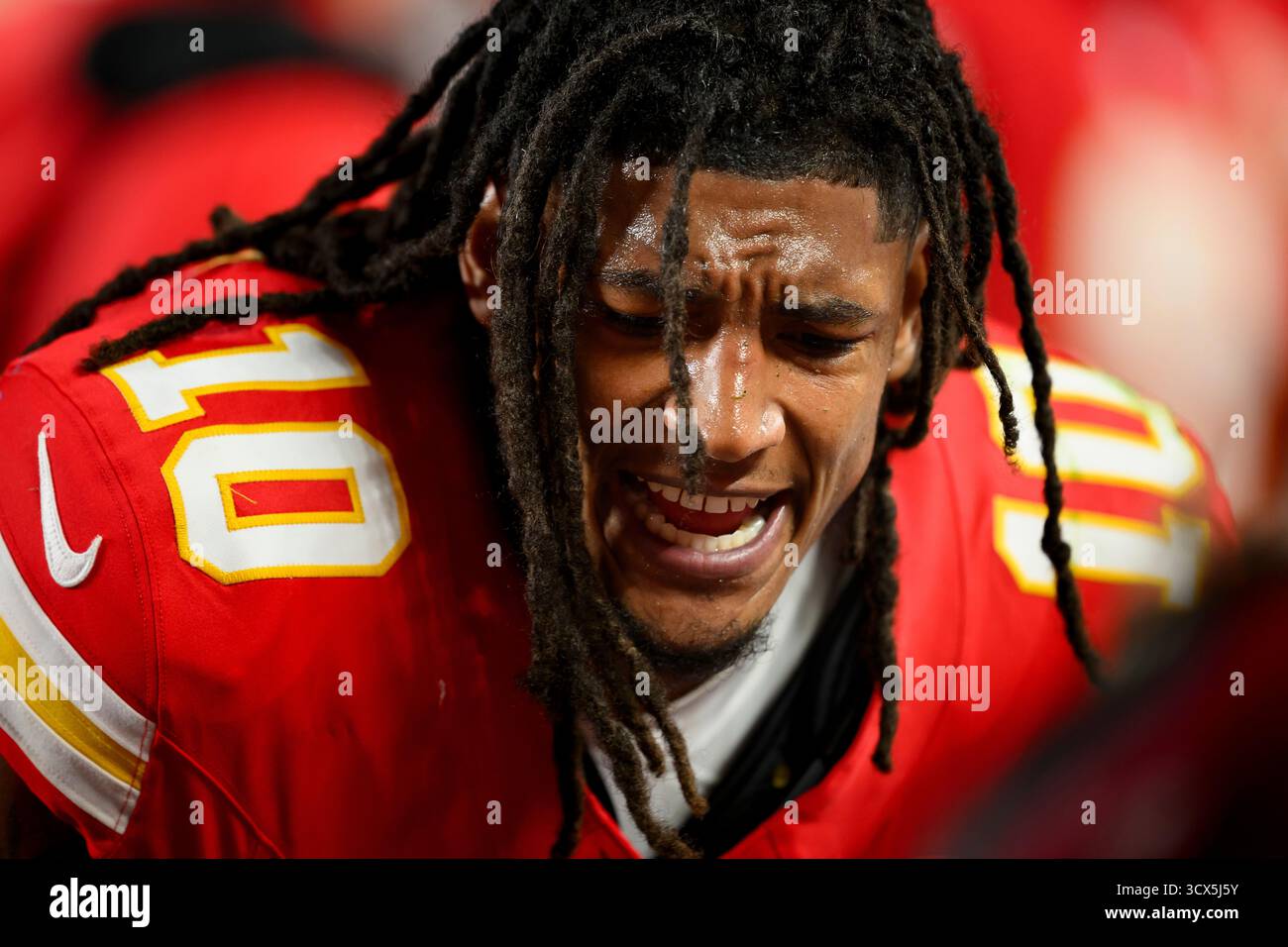 Kansas City Chiefs running back Isiah Pacheco talks to teammates in the ...
