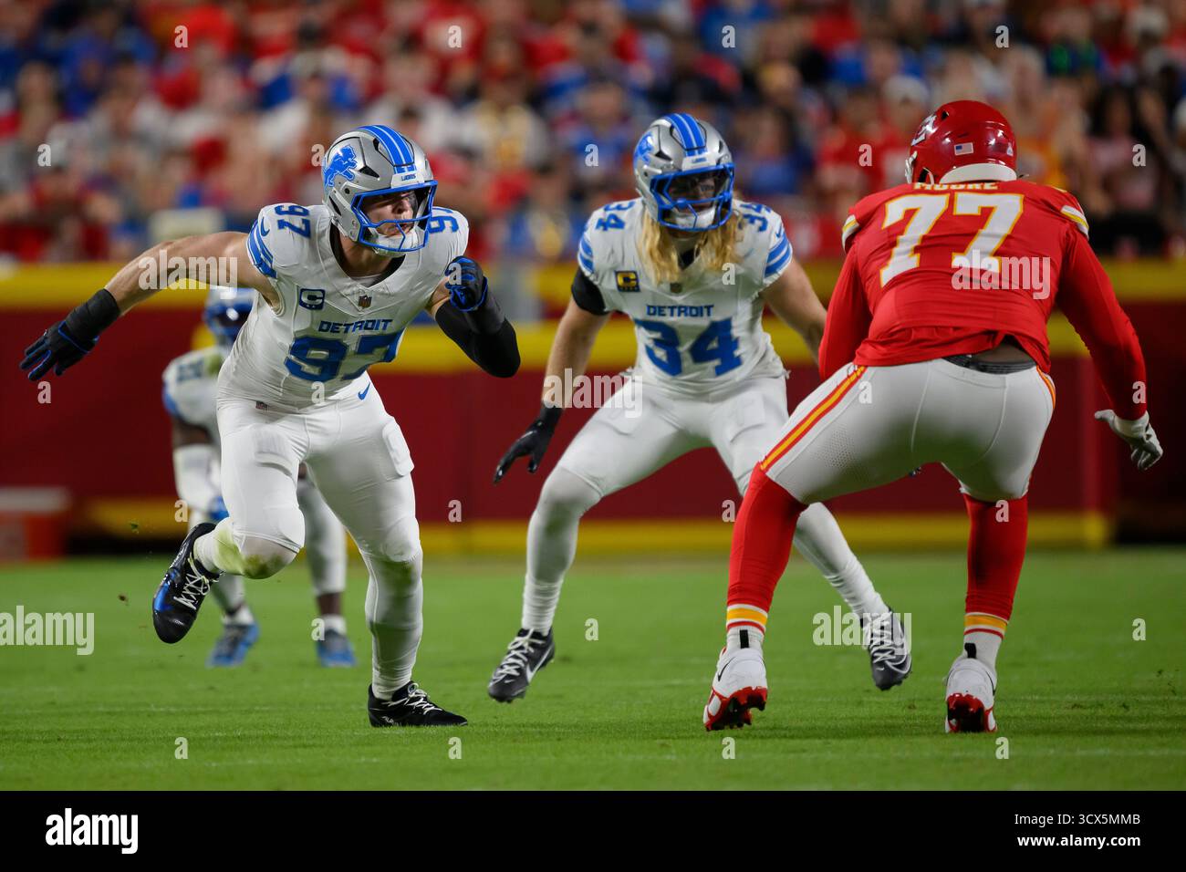 Detroit Lions defensive end Aidan Hutchinson (97) rushes against Kansas City Chiefs offensive ...