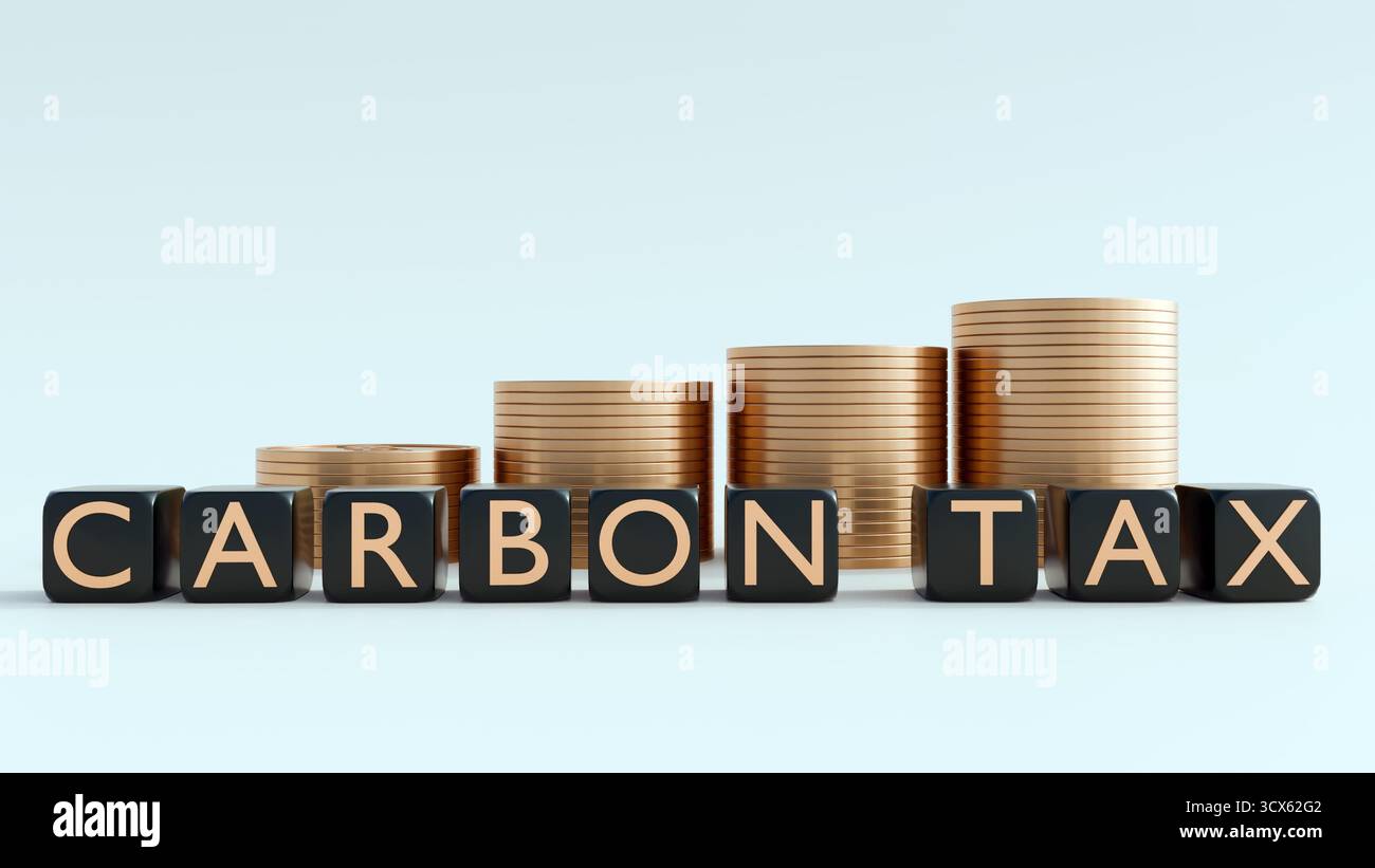 A 3D illustration image "CARBON TAX" spelled out in letter blocks ...