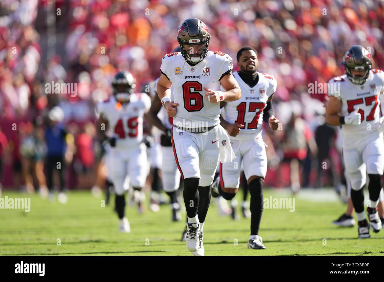 Tampa Bay Buccaneers quarterback Baker Mayfield (6) jogs to the end ...