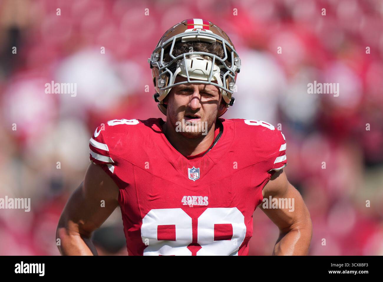 San Francisco 49ers tight end Jake Tonges (88) warms up before an NFL ...