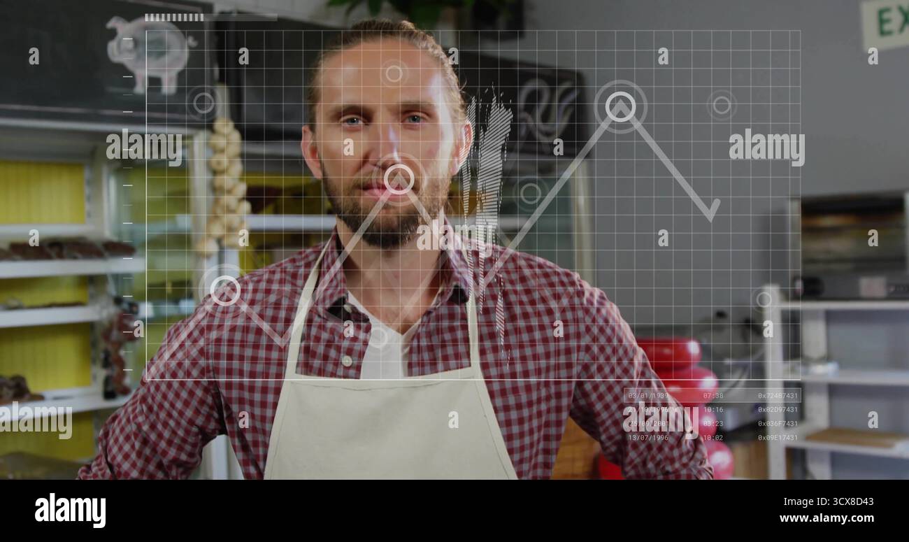 Adult male baker wearing plaid shirt monitoring digital overlay in ...