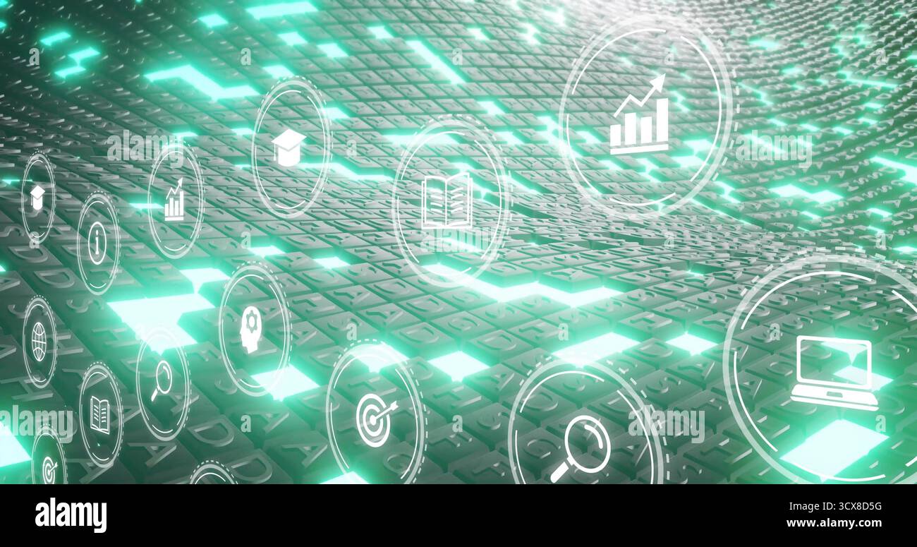 Streaming UI icons floating above neon green keyboard tile grid ...
