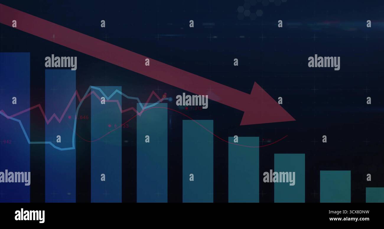 Displaying dashboard with red downward arrow overlaying bar chart and ...