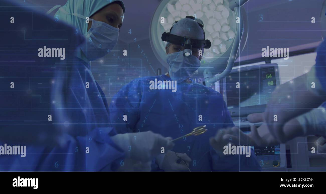 Performing lead surgeon wearing scrubs making incision in hospital ...
